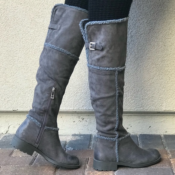 Anthropologie | Shoes | Slate Fur Trimmed Over The Knee Lug Sole Boots ...